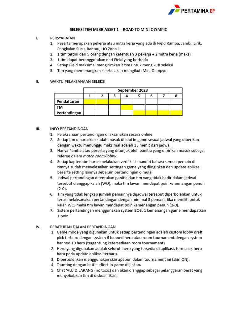 Seleksi Tim MLBB Asset 1 Road To Mini Olympic | PDF