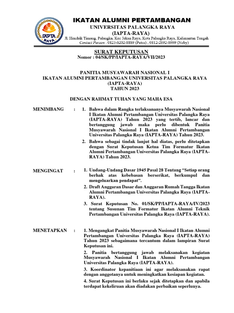 Contoh Surat Keputusan Panitia MUNAS | PDF | Sains & Matematika