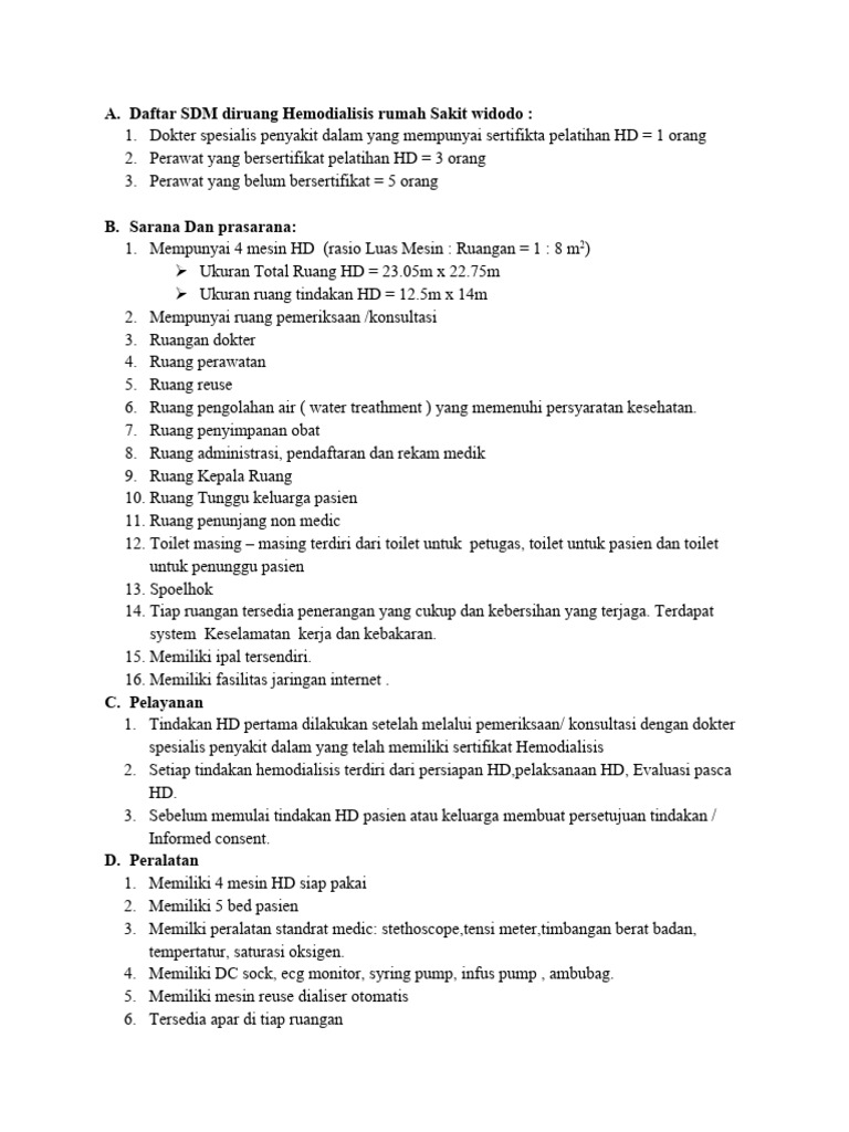 Daftar SDM Diruang Hemodialisis Rumah Sakit Widodo | PDF