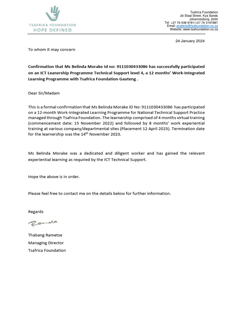 24 January 2024 Confirmation Letters | PDF | Madam | Behavior Modification