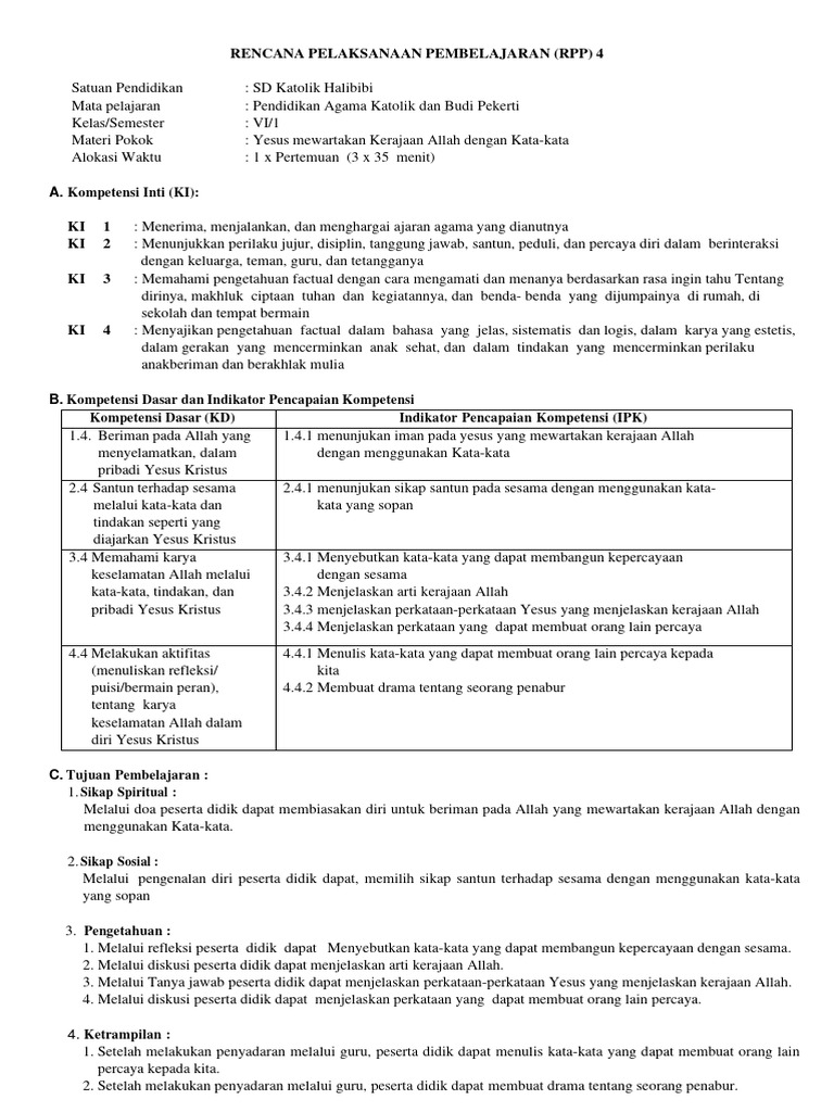 RPP Agama Katolik Kelas 6 Semester 1 | PDF