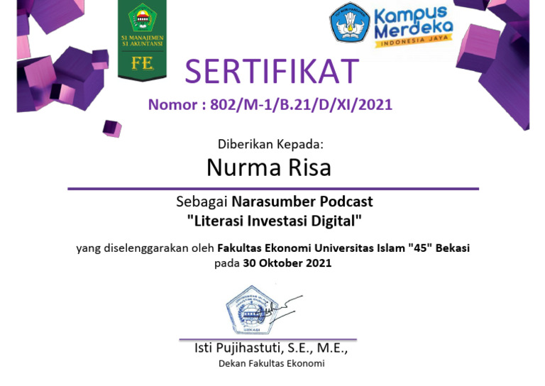 Sertifikat Narasumber Nurma Risa | PDF