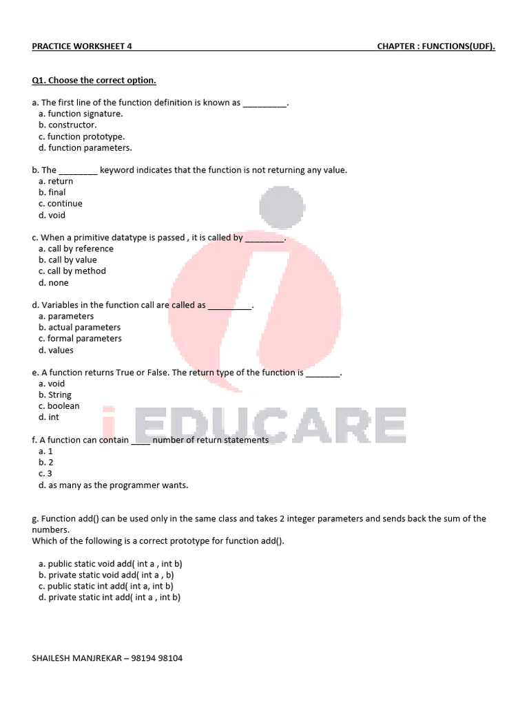 Practice Worksheet 4 | PDF | Parameter (Computer Programming) | C (Programming Language)