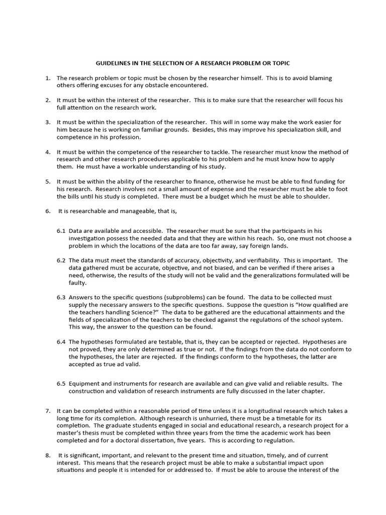 Guidelines in The Selection of A Research Problem or Topic | PDF | Cognitive Science | Cognition