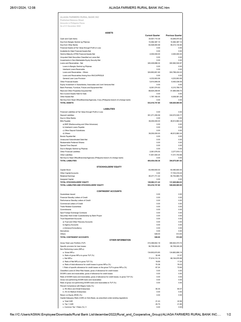 Aliaga Farmers Rural Bank Balance Sheet | PDF | Equity (Finance) | Banks