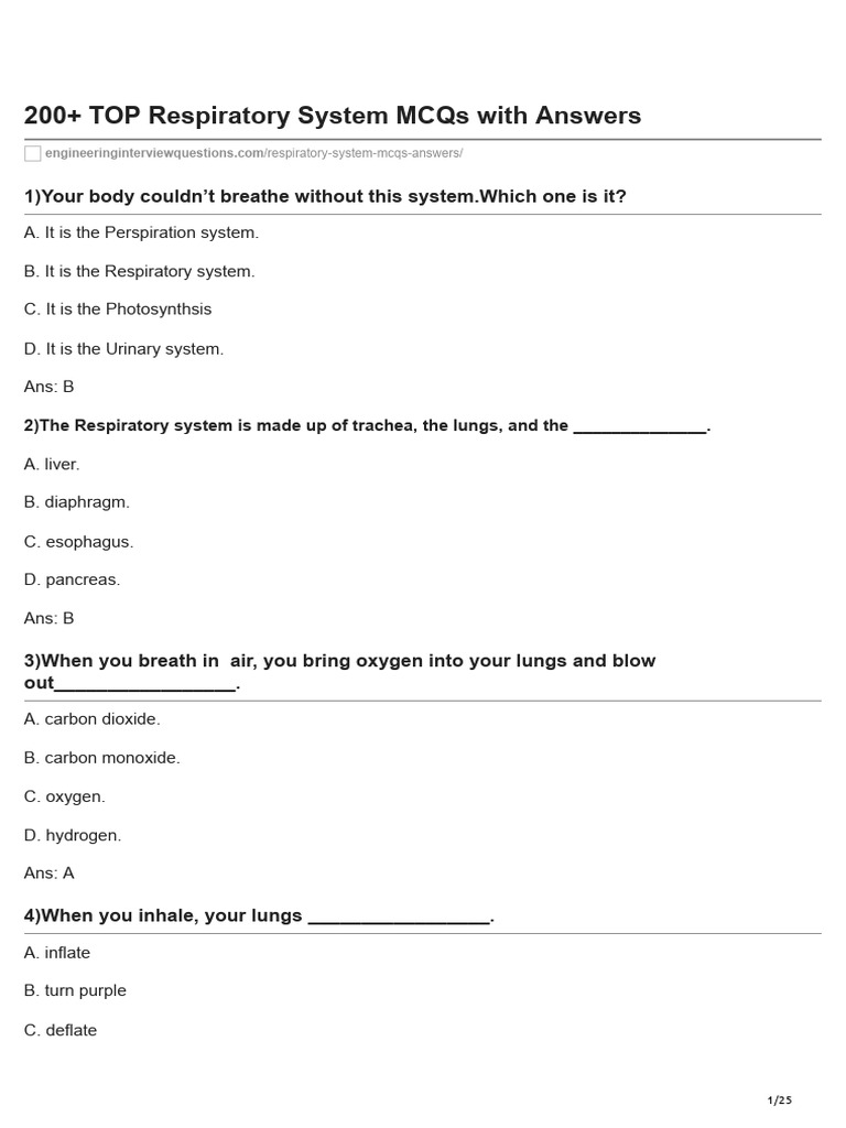 200 TOP Respiratory System MCQs With Answers | PDF 200 TOP Respiratory System MCQs With Answers | PDF