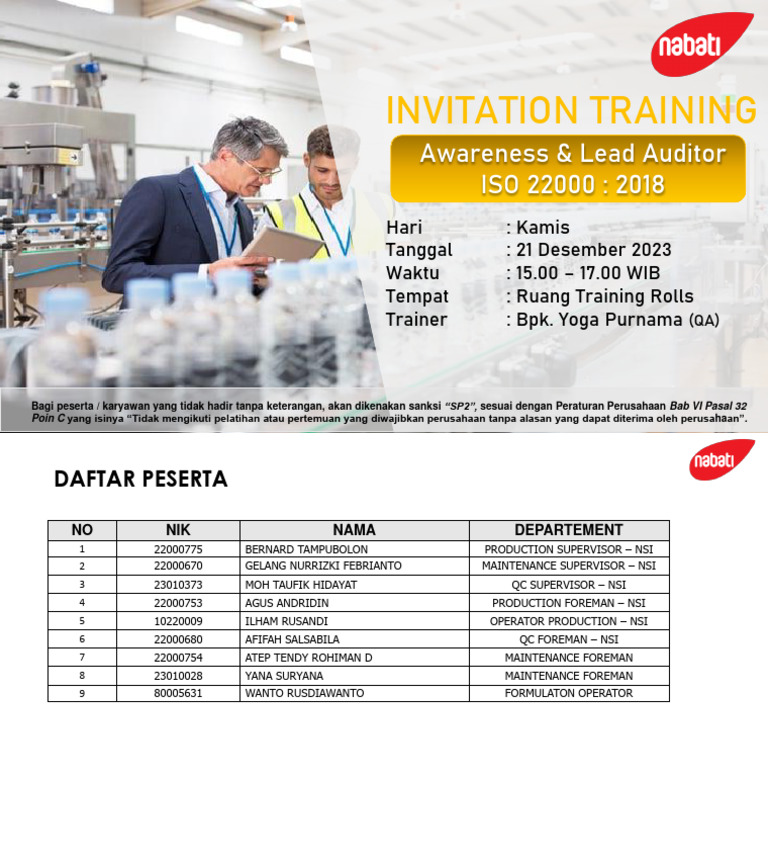 Invitation Training Awareness ISO 22000 2018 | PDF