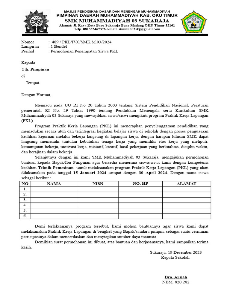 TP Surat Permohonan Penempatan Siswa PKL TKJ | PDF