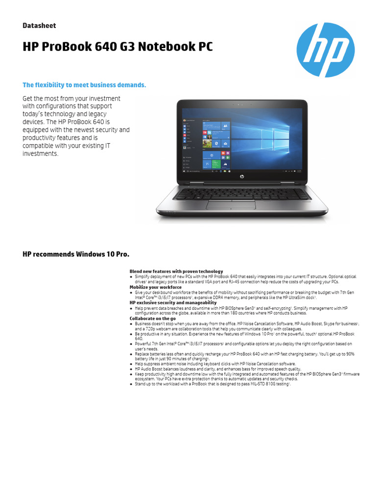 HP ProBook 640 G3 Specs PDF | PDF | Windows 10 | Intel