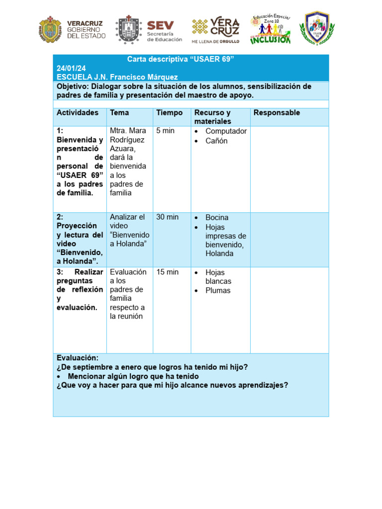 Carta Descriptiva USAER 69 24 | PDF | Hogar y jardín | Bienestar