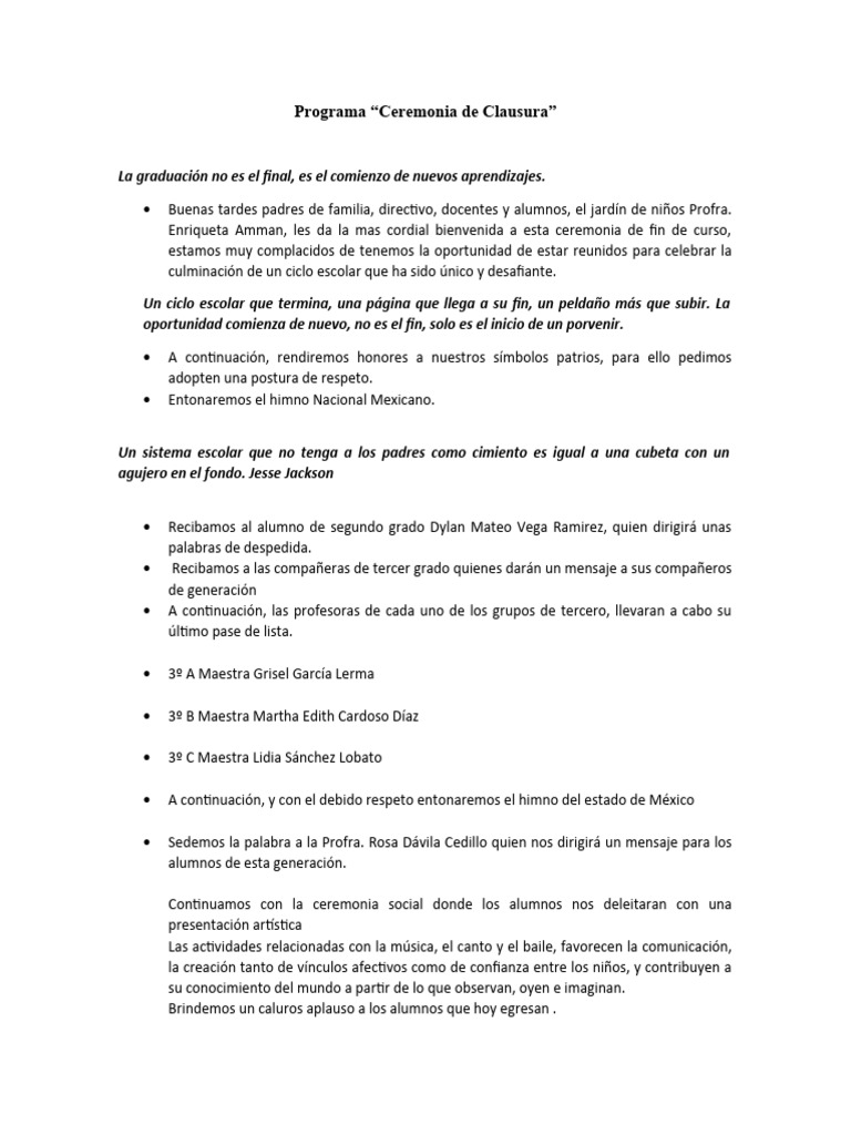 Programa Fin de Ciclo Escolar | PDF