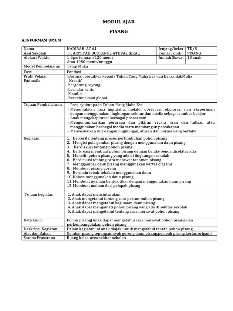 Modul Ajar Tema Buah Pisang untuk TK | PDF | Kesehatan Holistik