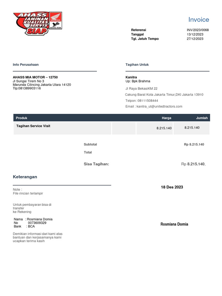 Invoice Uji Emisi PT Ut | PDF