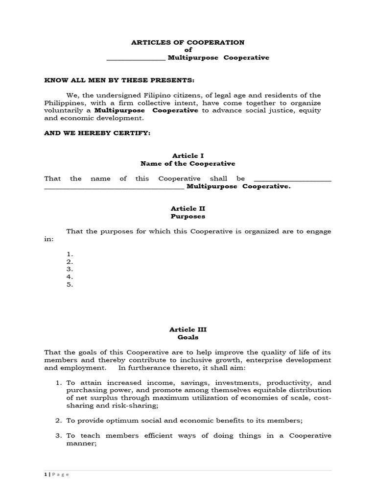 Sample Template Ariticles of Cooperation | PDF | Cooperative | Wealth