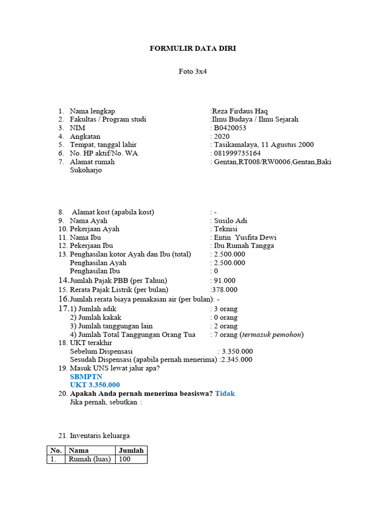 Formulir Data Diri | PDF