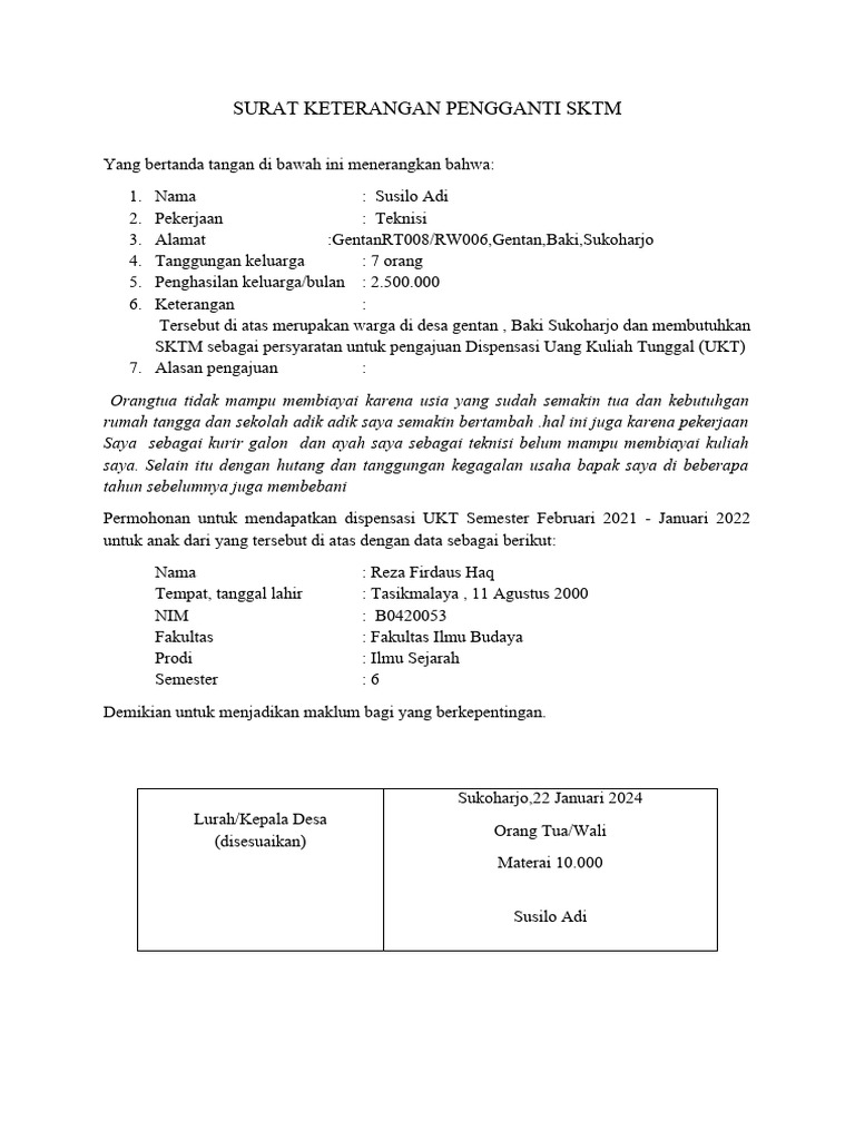 Surat Keterangan Pengganti SKTM | PDF