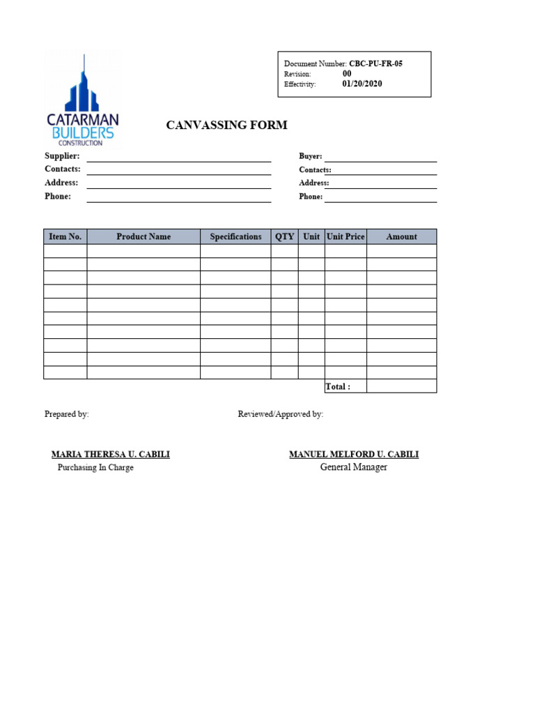 Supplier Canvassing Form Template | PDF