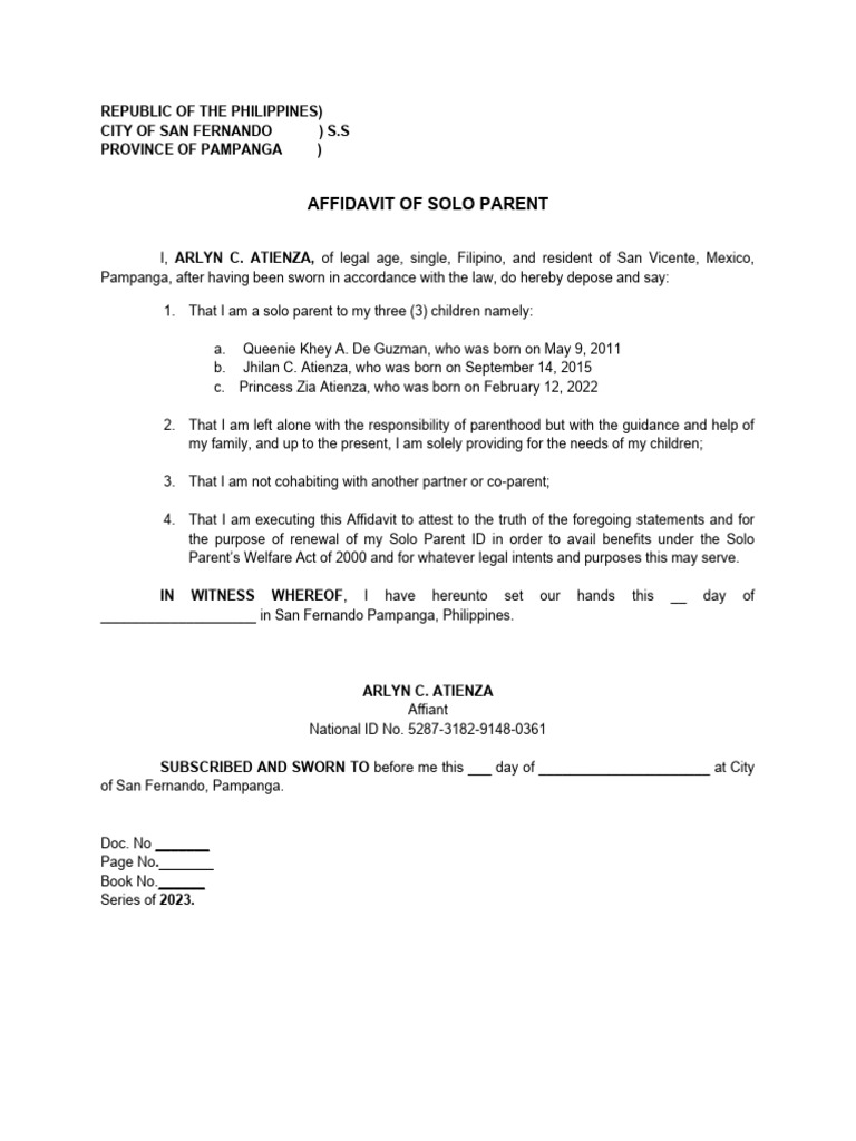 Affidavit of Solo Parent | PDF | Social Science | Law