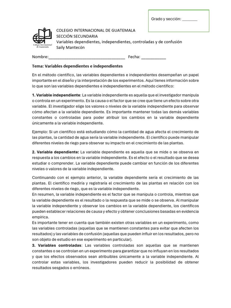 Variables Dependiente, Independiente, Controladas y Confusión | PDF ...