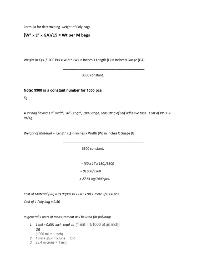 Formula For Determining Weight of Poly Bags | PDF