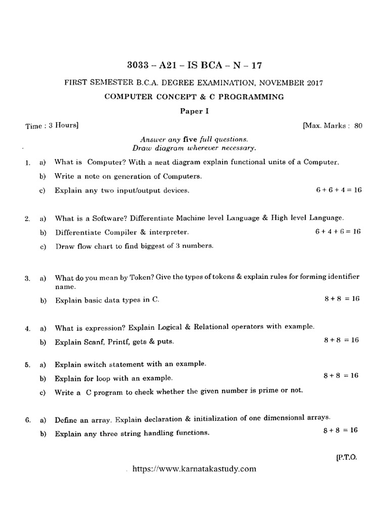 Bca 1 Sem Computer Concept and C Programming 3033 Nov 2017 | PDF
