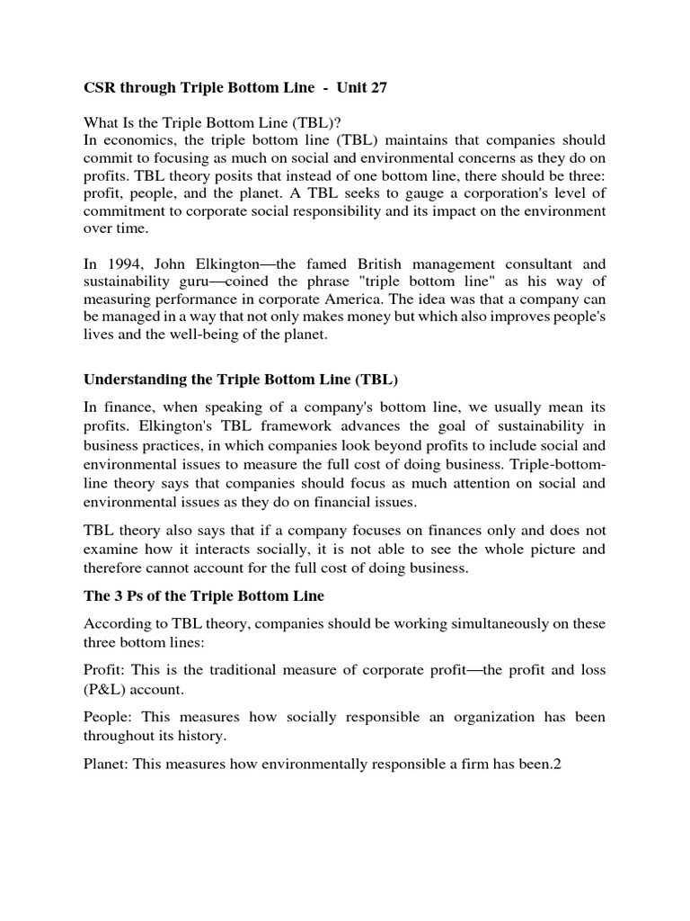 CSR Through Triple Bottom Line - Unit 27 | Download Free PDF | Business ...