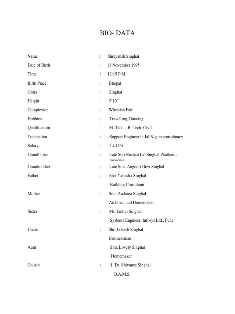 Shreyansh Singhal Bio-Data Summary | PDF