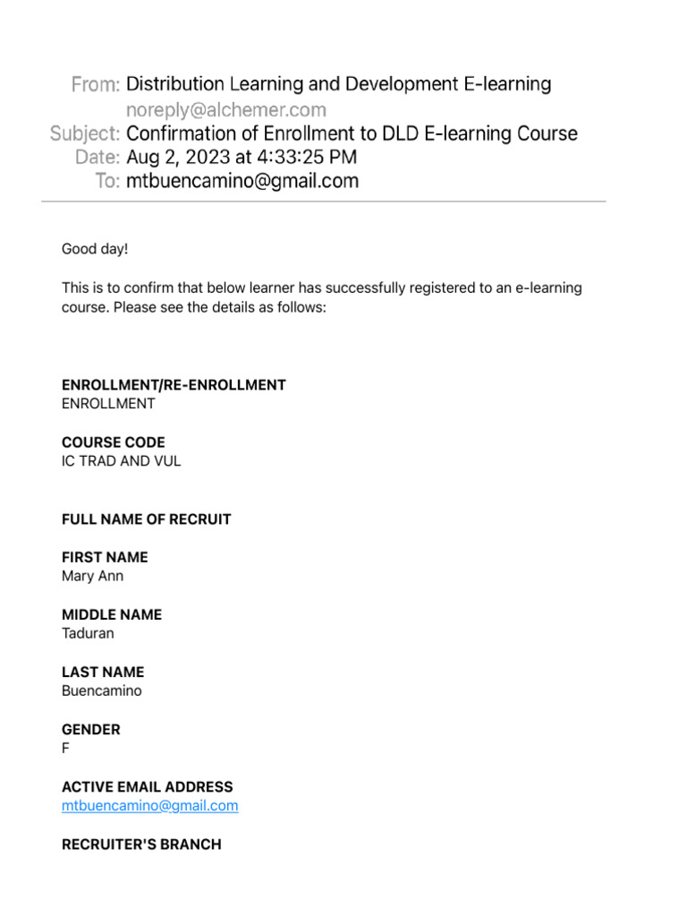 E-Learning Enrollment Confirmation | PDF
