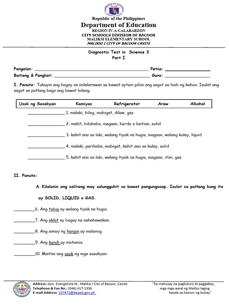 Diagnostic Test Science With TOS Part I IV | PDF