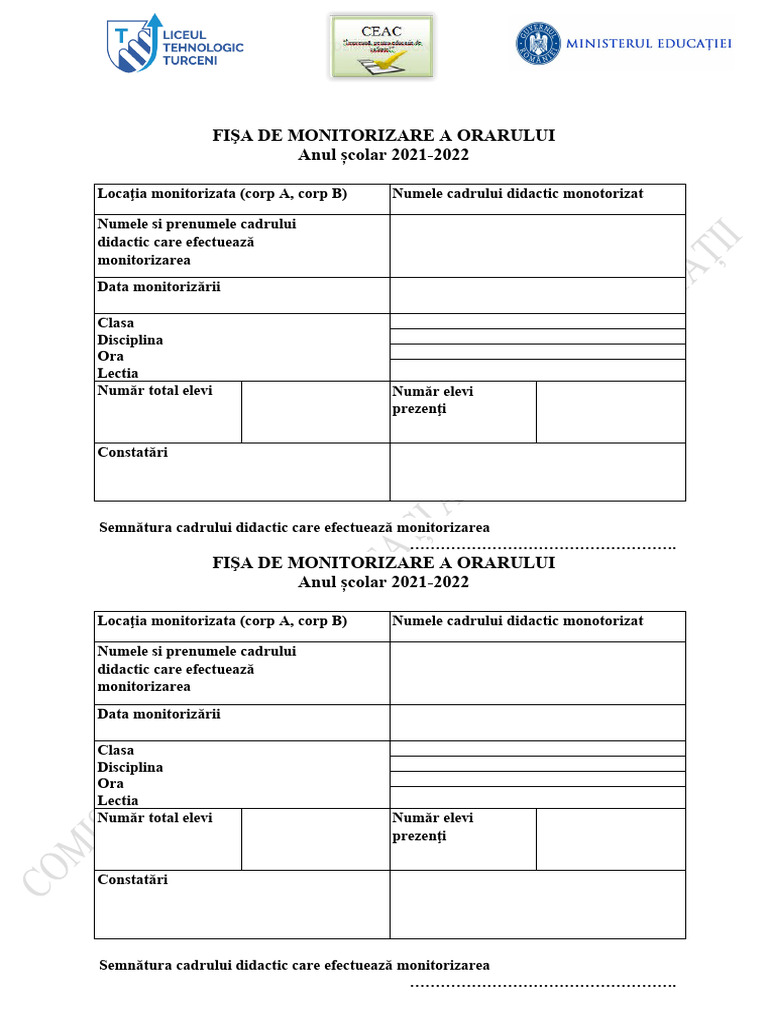 Fişa de Monitorizare A Orarului 2021-2022 | PDF