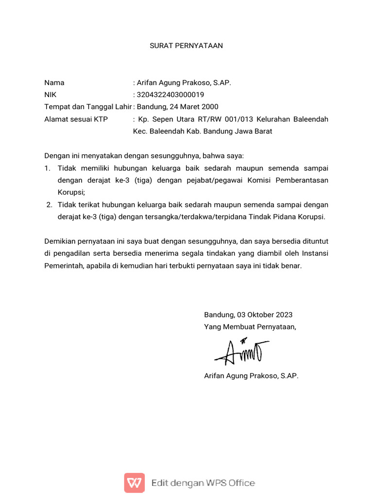 Surat Pernyataan Tidak Memiliki Hubungan Keluarga-1 | PDF Surat Pernyataan Tidak Memiliki Hubungan Keluarga-1 | PDF