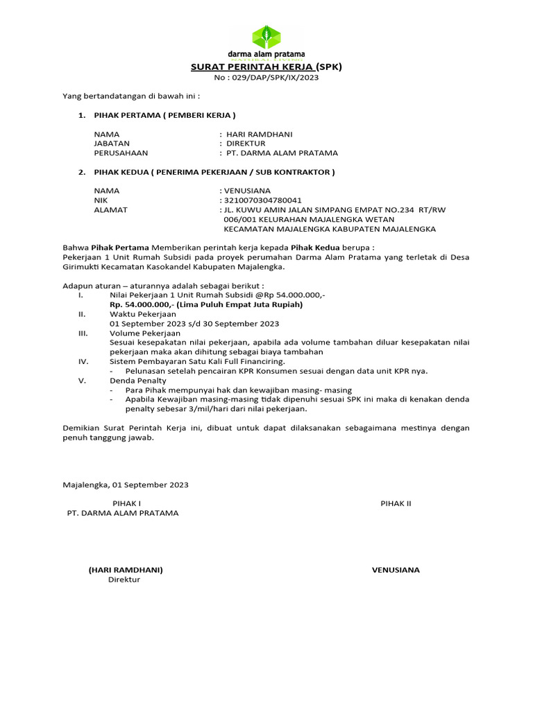 SPK 1 Unit Subsidi 2023 | PDF