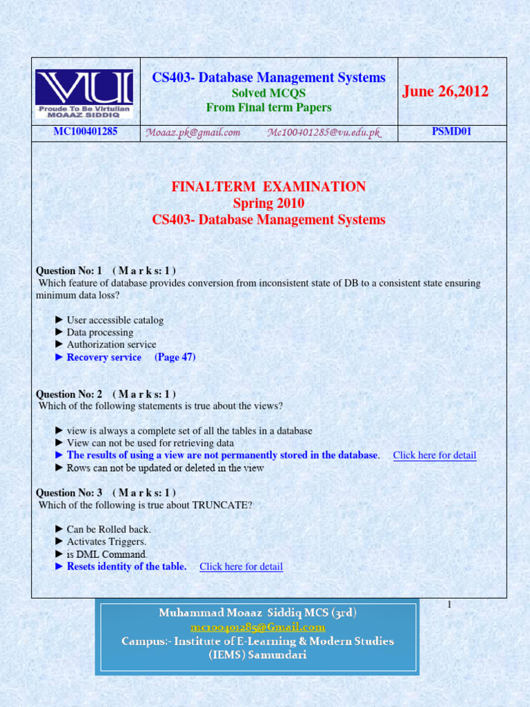 CS403 Objective Mega File For Final Term | PDF | Database Index | Relational Database