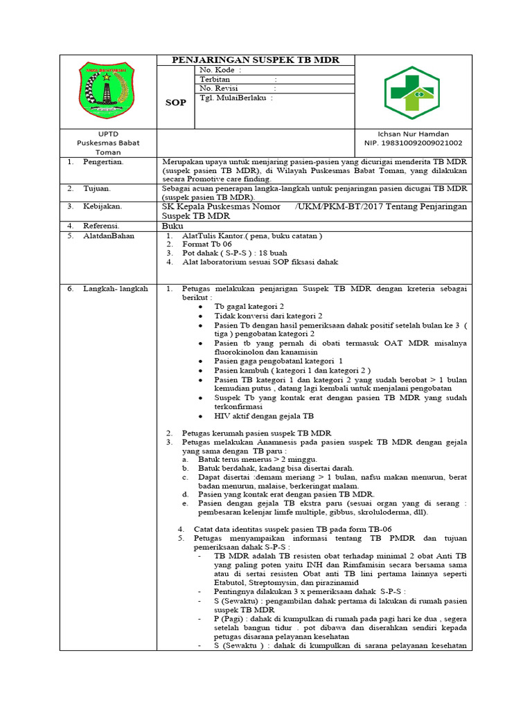 SOP Penjaringan Suspek TB MDR | PDF