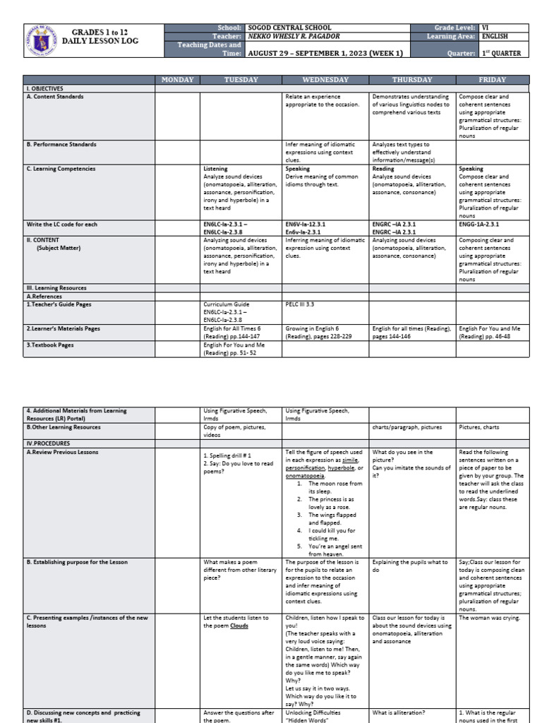 DLL - English 6 - Q1 - W1 | PDF | Word | Poetry
