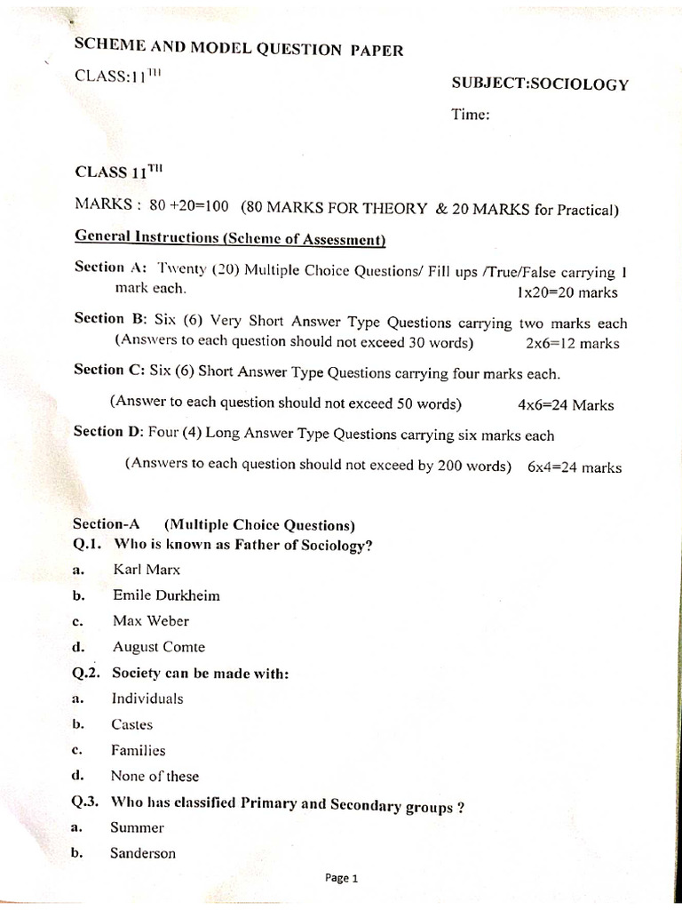 Sociology Modal Test Paper 11 TH | PDF | Sociology | Max Weber