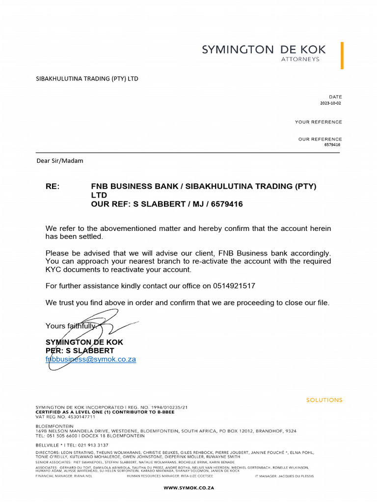 FNB Settlement Letter New - XDTPX | PDF