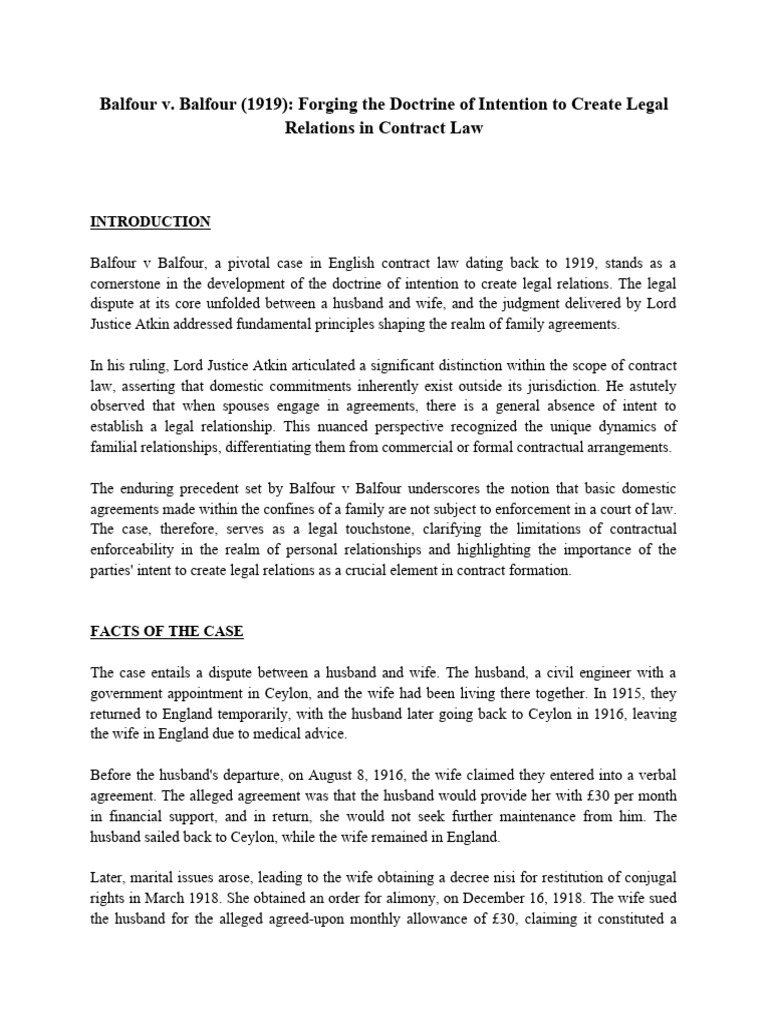 Balfour v. Balfour (1919) - Forging The Doctrine of Intention To Create ...
