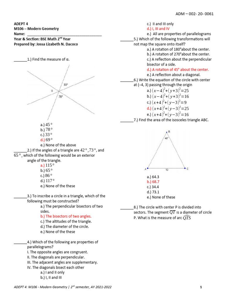 ADEPT 4 M106 Modern Geometry Questionnaire With Key | PDF | Triangle ...