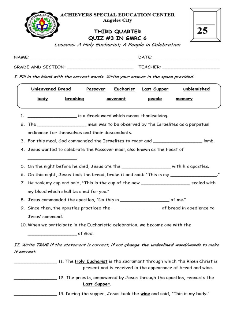 GMRC 6 Quiz: Holy Eucharist & Celebration | PDF | Eucharist | Last Supper