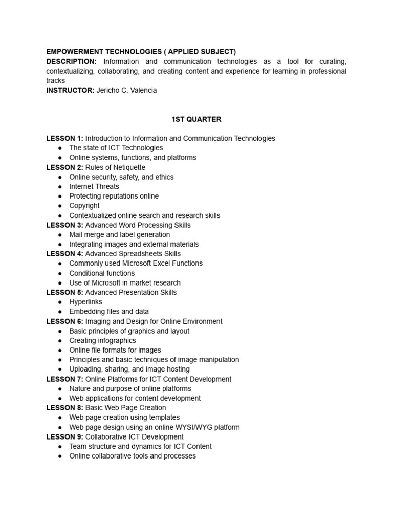 Course Outline - Grading System: Empowerment Technology | PDF ...