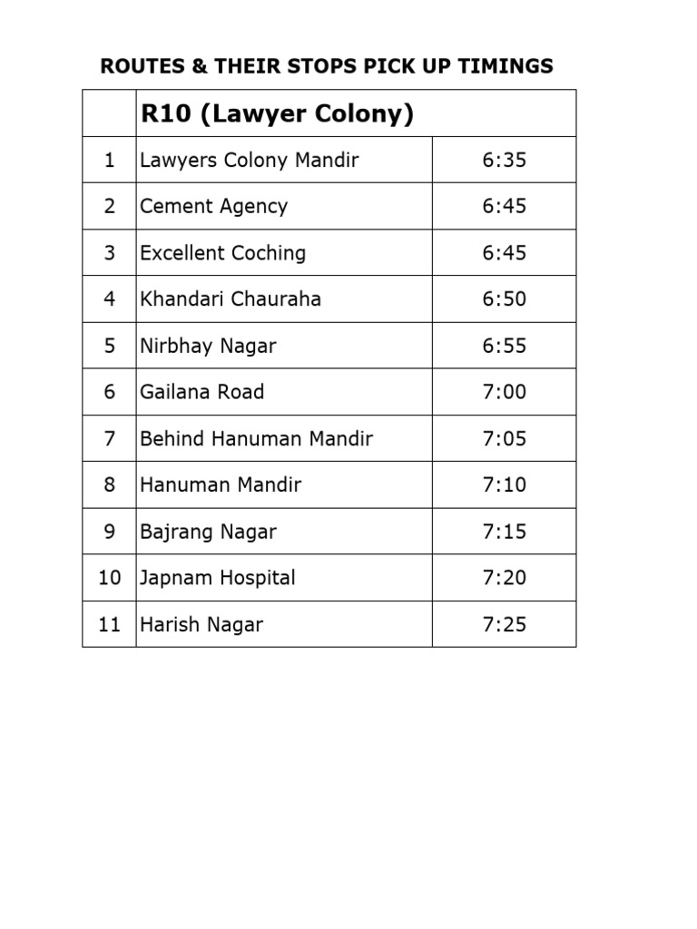 Routes & Their Stops Pick Up Timings Route Wise | Download Free PDF ...
