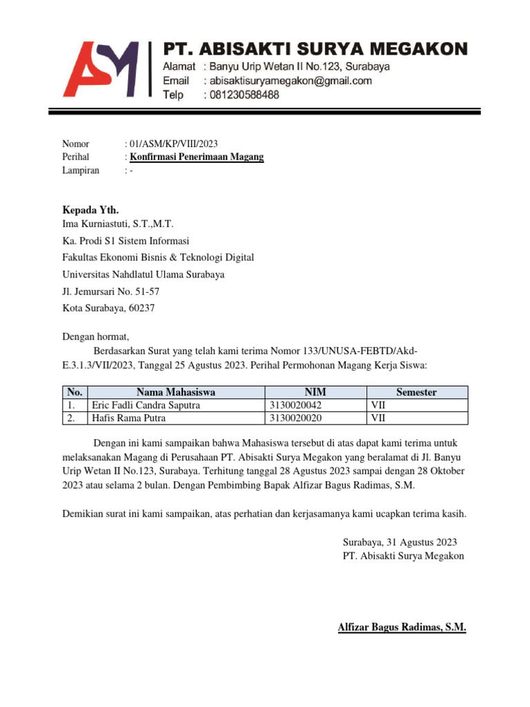 Surat Penerimaan Magang Mahasiswa | PDF
