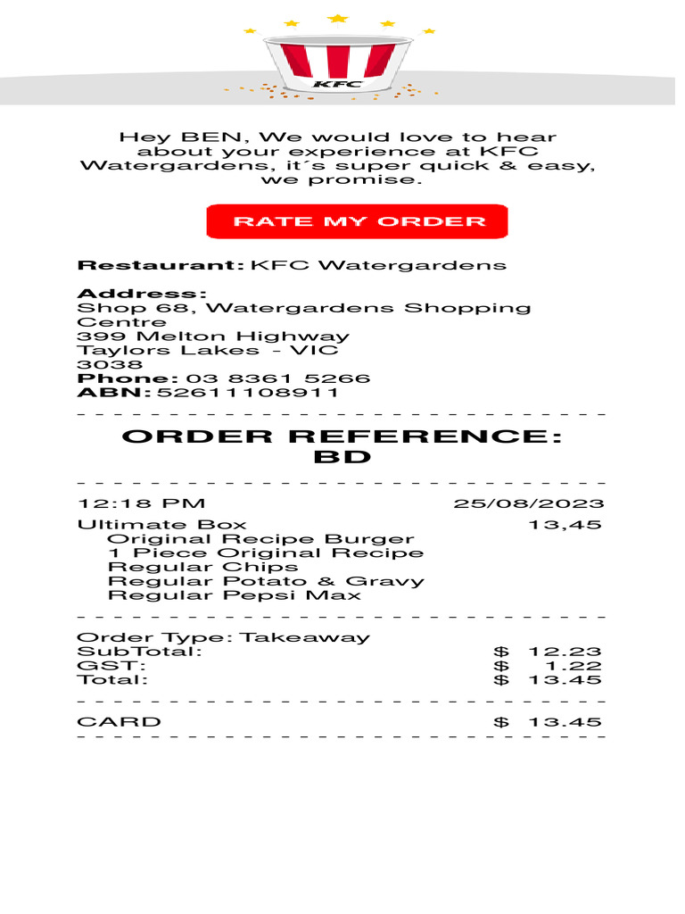 Receipt Yum Au KFC | PDF