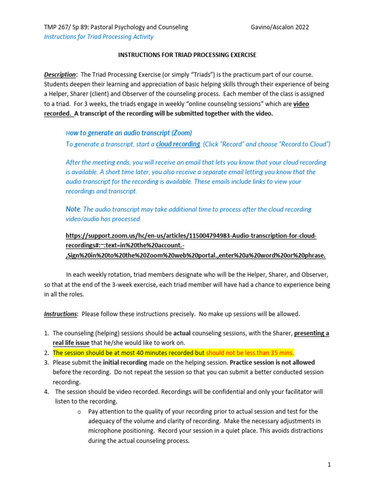 2022 Student Instructions for Triad Activity Rev a 10-24 | PDF | Counseling Psychology | Human ...