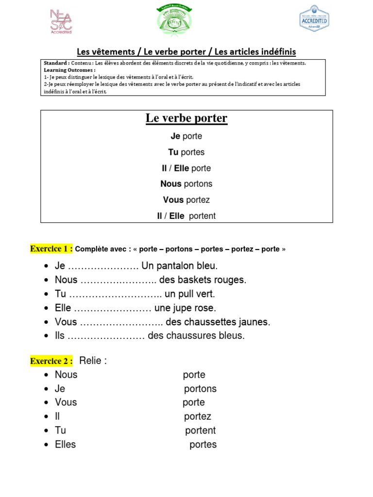 Vêtements et verbe porter au présent | PDF