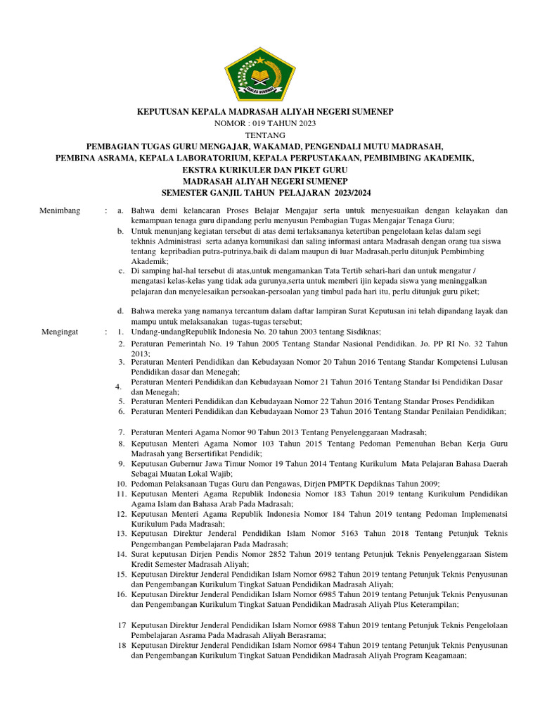 SK Pembagian Tugas Guru TaPel 2023 2024 Semester Ganjil | PDF