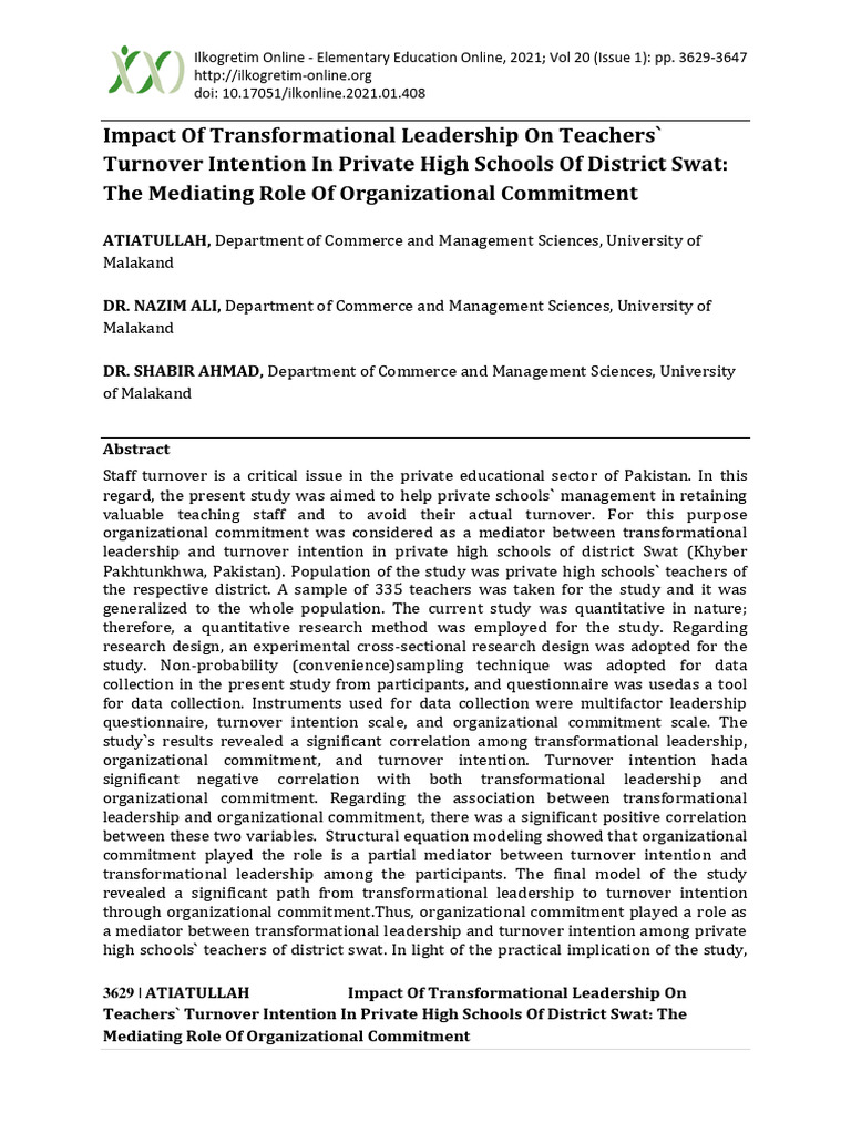 Impact of Transformational Leadership On Teachers' Turnover Intention in Private High Schools of ...