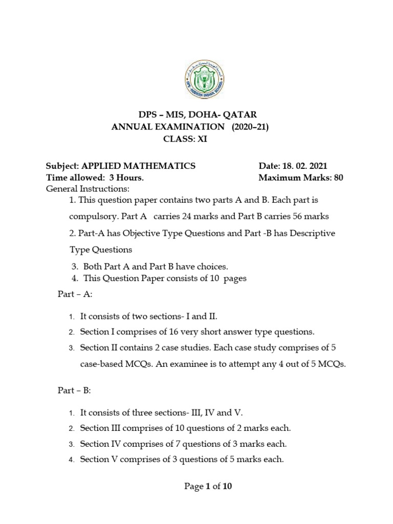 Final QP Annual 21 Gard Xi Applied Math | PDF | Mathematics