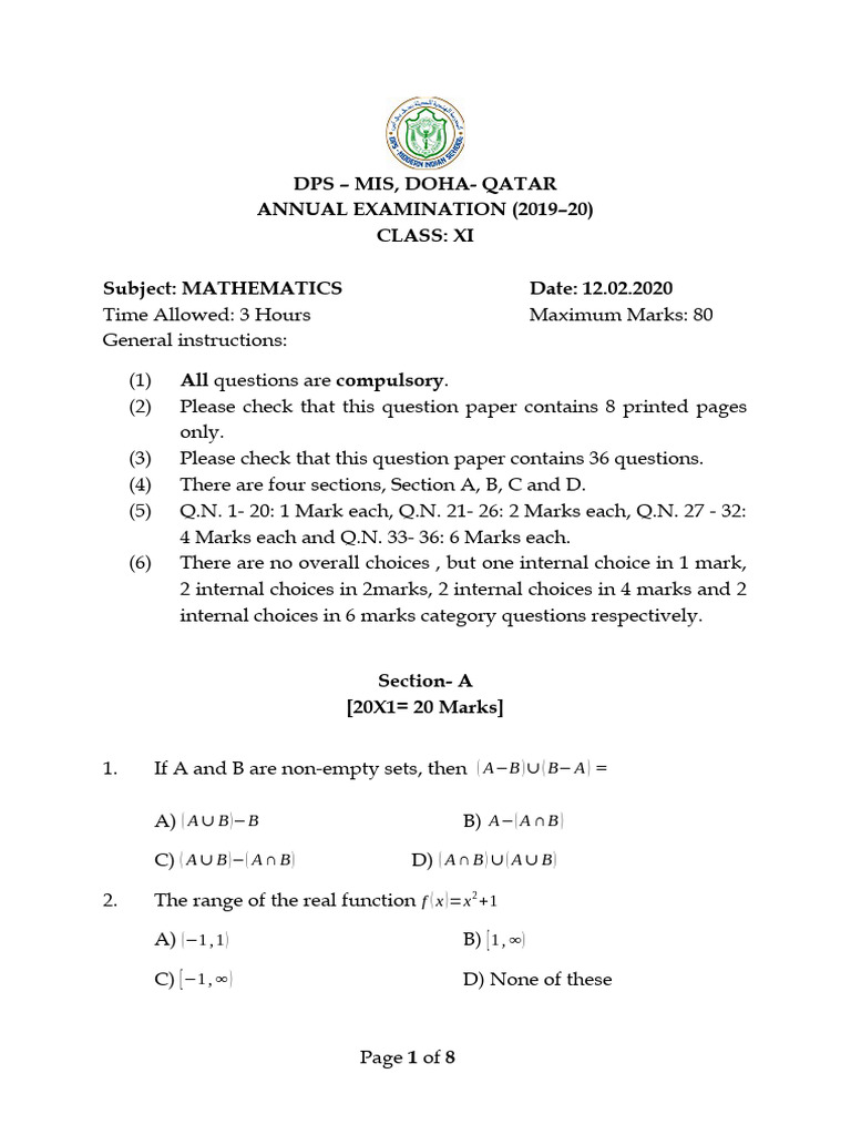 Annual Examination - Maths - Xi - 2019 - 20 | PDF | Mathematical ...